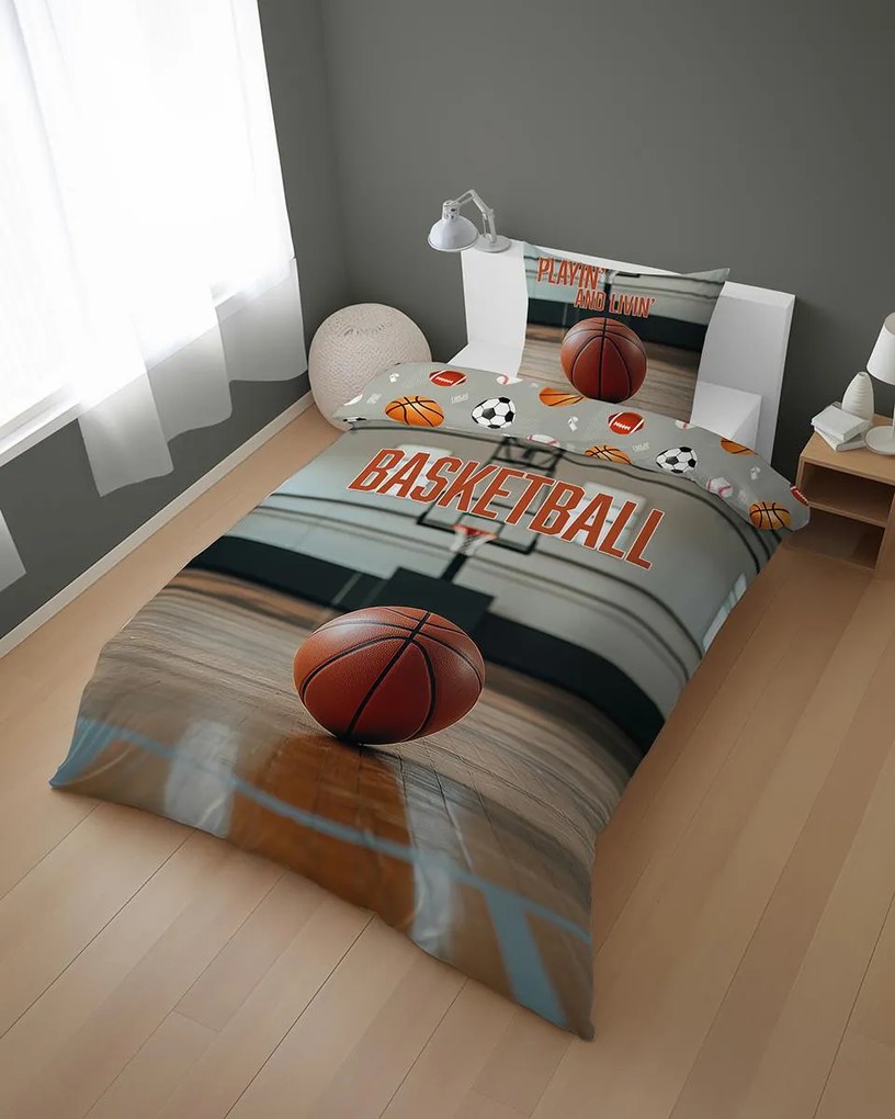 Detexpol Dětská bavlněná sada ložního prádla 160x200 šedá s motivem basketbalového míče - 5866 A - Dream Collection