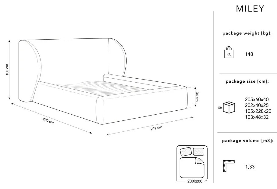 Světle šedá čalouněná dvoulůžková postel s úložným prostorem s roštem 200x200 cm Miley – Micadoni Home