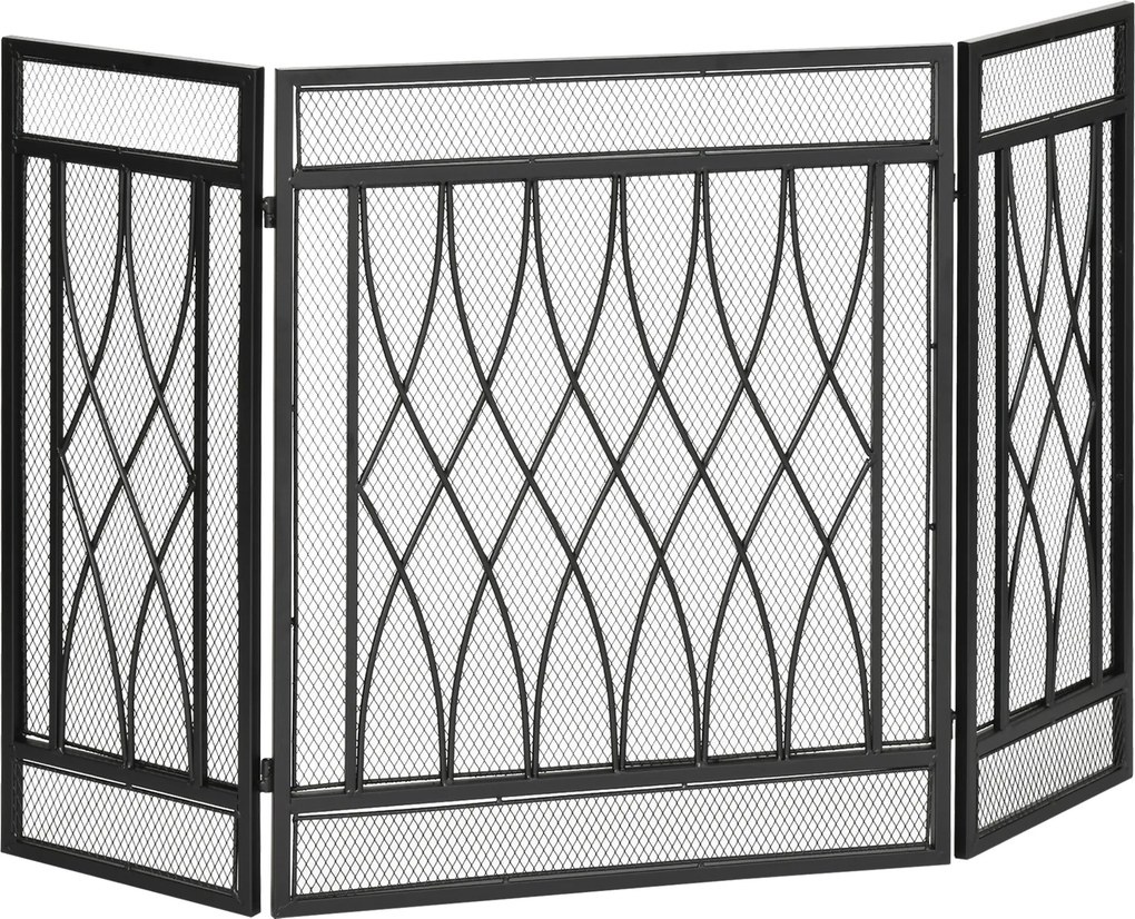 HOMCOM Skládací Ochranná Zástěna Krbu s 3 Panelovým Kloubovým Kovovým Rámem 126x3x80 cm Černá