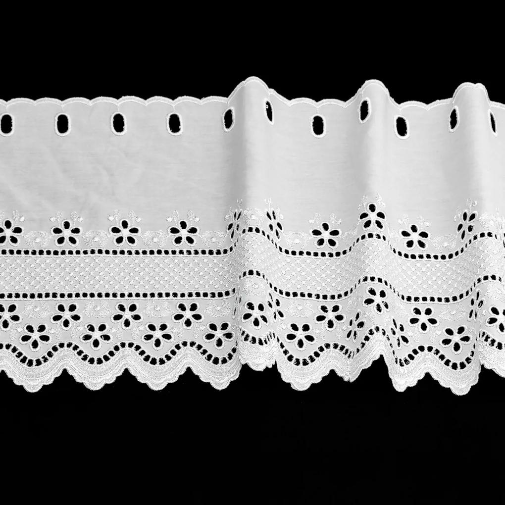Berk vitrážová záclona, bavlněný batist 3813 vyšívaná kytička s bordurou, bílá výška 45cm (v metráži)