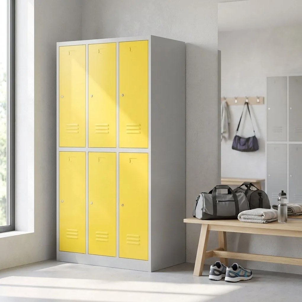Kovová šatní skříňka - 6 boxů, 90 x 45 x 185 cm, cylindrický zámek, žlutá - ral 1023