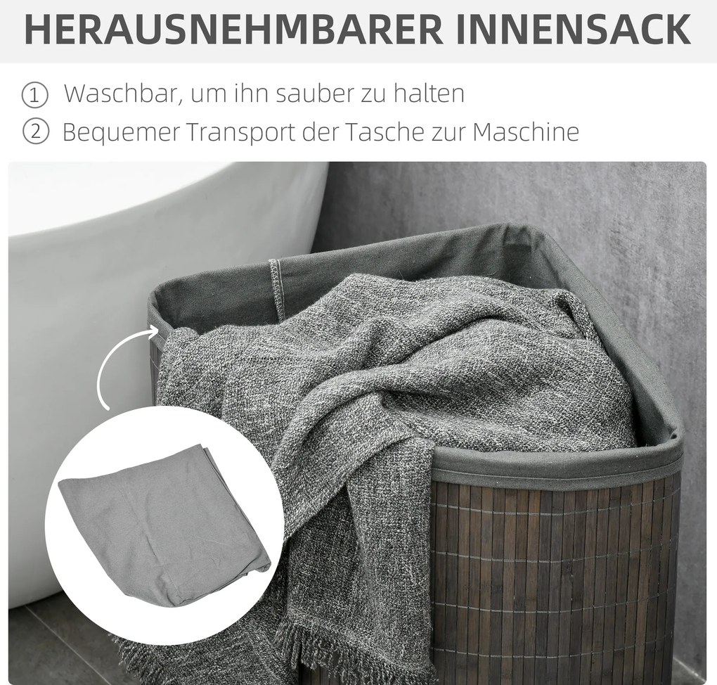HOMCOM Bamboo Koš na Prádlo s Víkem 55L, Sběrač Prádla s Rukojeťmi, Odnímatelný Prádlo Vak, Rohový Koš na Prádlo pro Koupelnu, Ložnici, Šedý