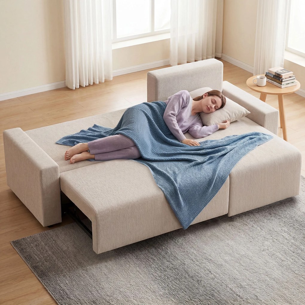 HOMCOM rozkládací rohová pohovka L, 3místná s otočnou chaise – béžový umělý semiš