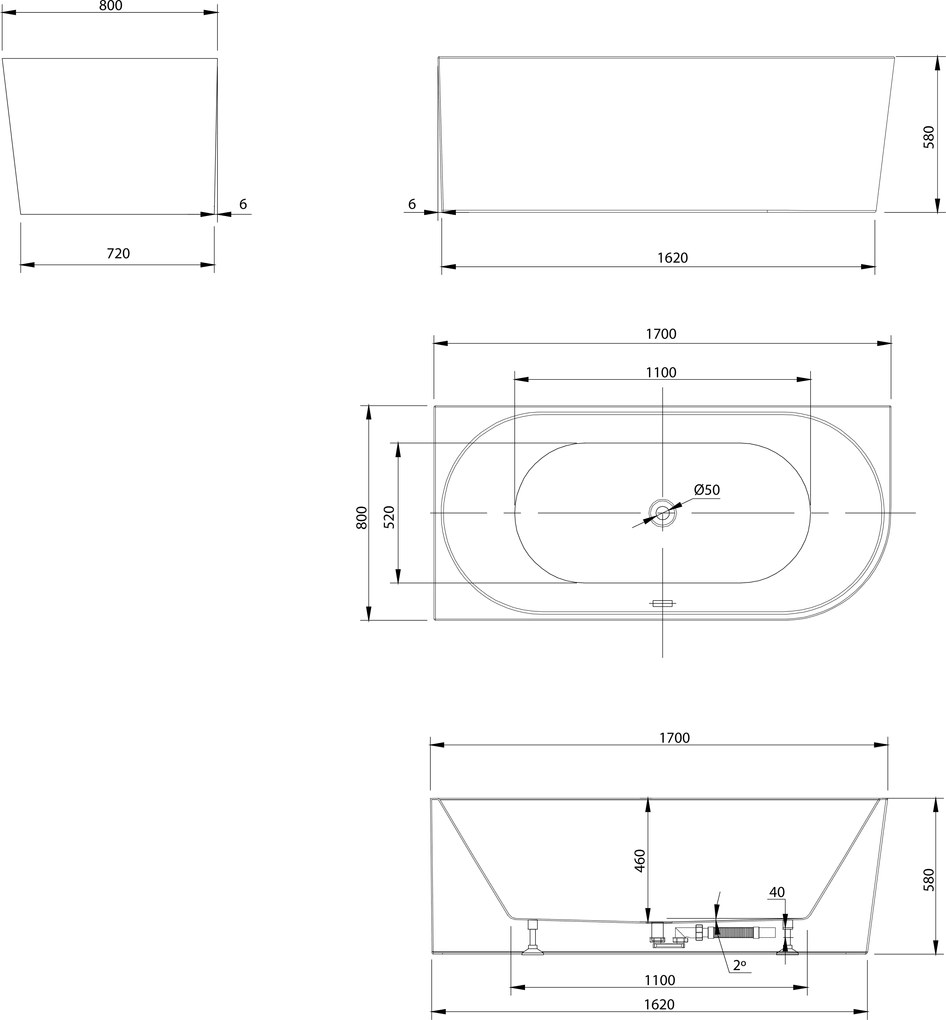 Aqualine Aqualine, TIBERA L rohová stojící vana 170x80cm, bílá, E1026