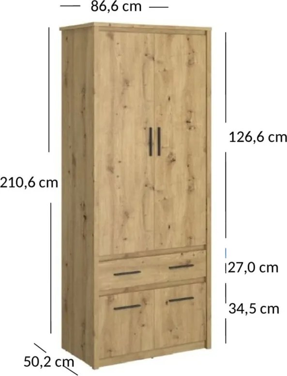 Skříň čtyřdveřová se zásuvkou Ayson 86x210x50 cm Dub artisan