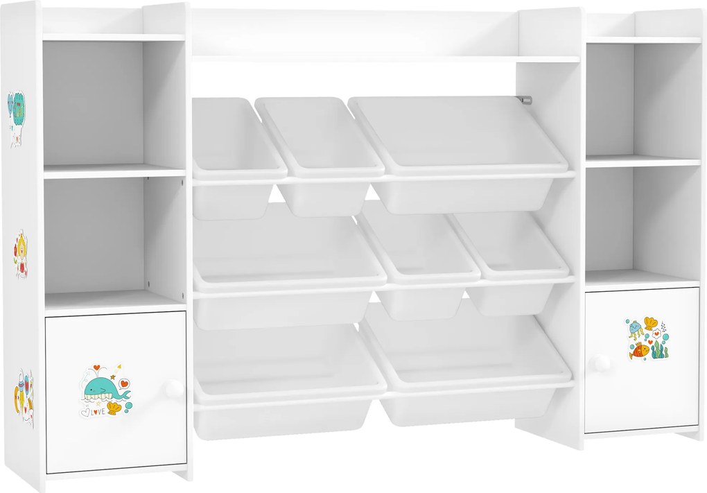 AIYAPLAY dětský úložný nábytek, dětský regál na hračky s 8 odnímatelnými boxy, 140 x 30 x 90 cm, bílý