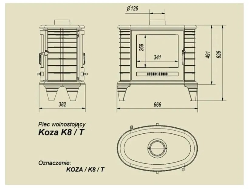 Krbová kamna KRATKI K8 T černá tunel oboustranná KRATKI