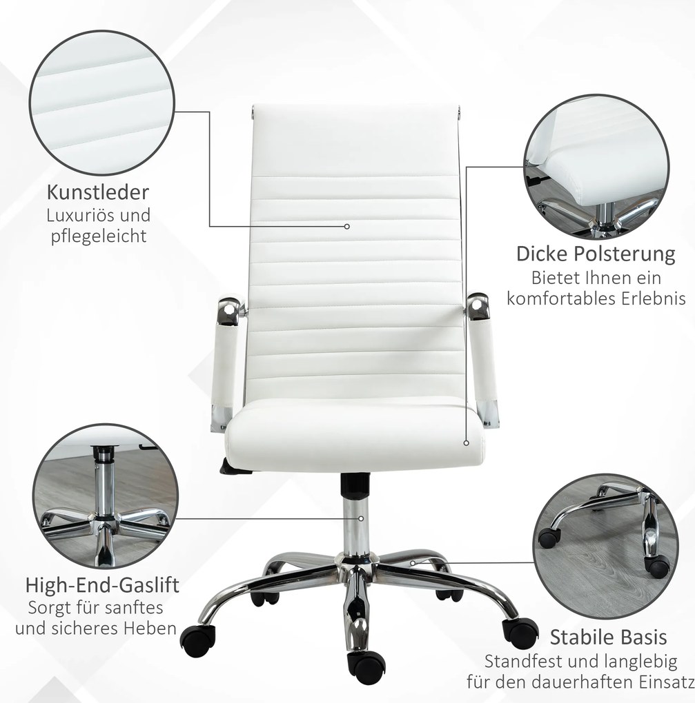 Kancelářská židle Vinsetto s houpací funkcí ergonomická kolečka otočná o 360° ocelové nohy imitace kůže nosnost 120 kg 54 x 62 x 104-114 cm Bílá | Ao…