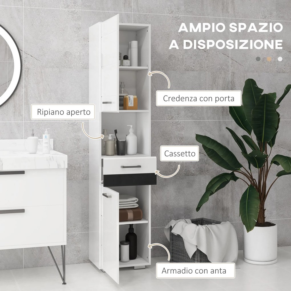 Kleankin sloupec pro úsporu místa do koupelny z MDF, koupelnová skříň s otevřenou policí, zásuvkou a uzavřenou skříňkou, 37x32,5x170 cm, leskle bílá