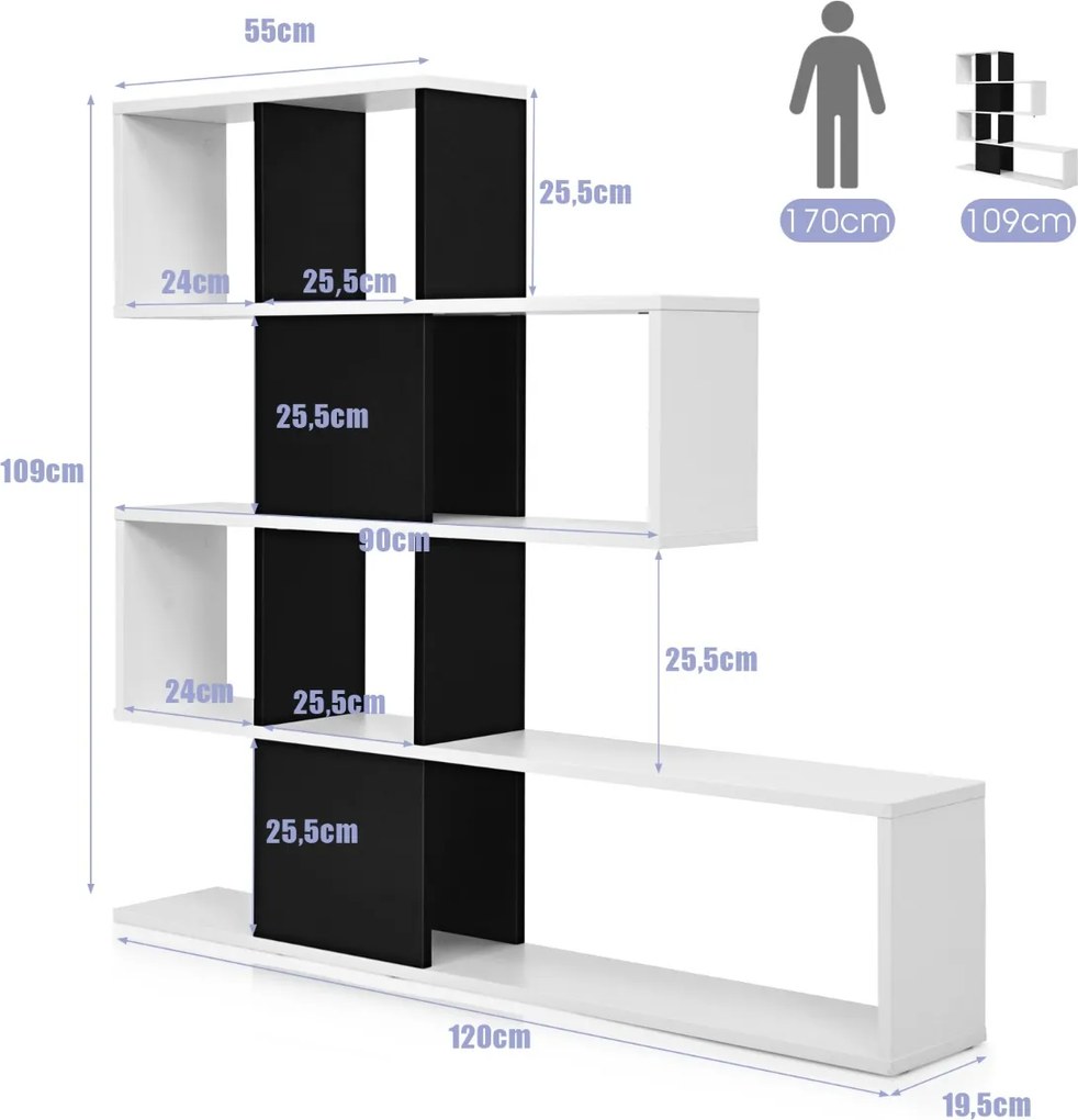 Costway Moderní 5patrový žebříkový styl dřevěný dělicí příčka na knihy Černo