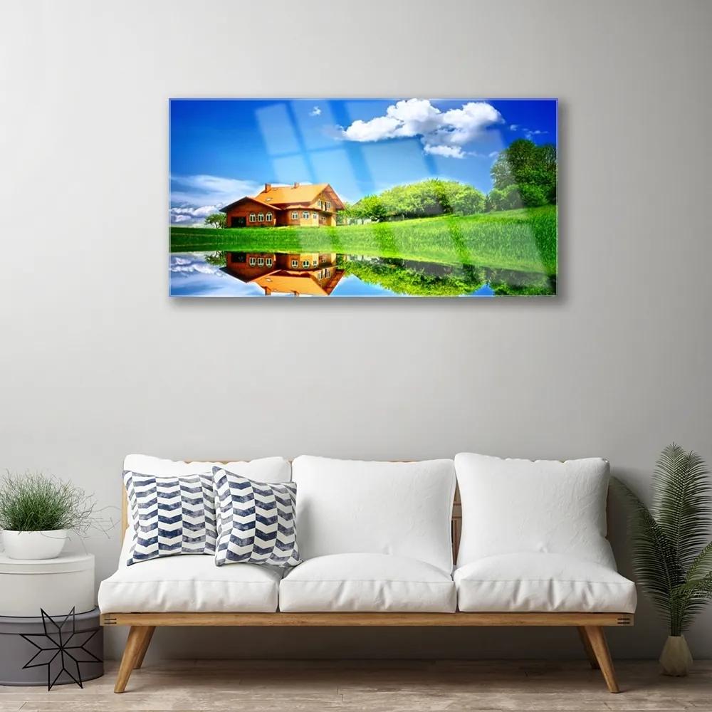 akrylový obraz Dům Jezero Tráva Příroda 100x50 cm
