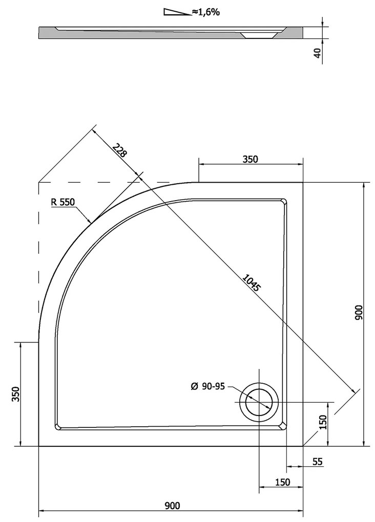 Polysan SERA sprchová vanička z litého mramoru, čtvrtkruh 90x90cm, R550, bílá - 41511