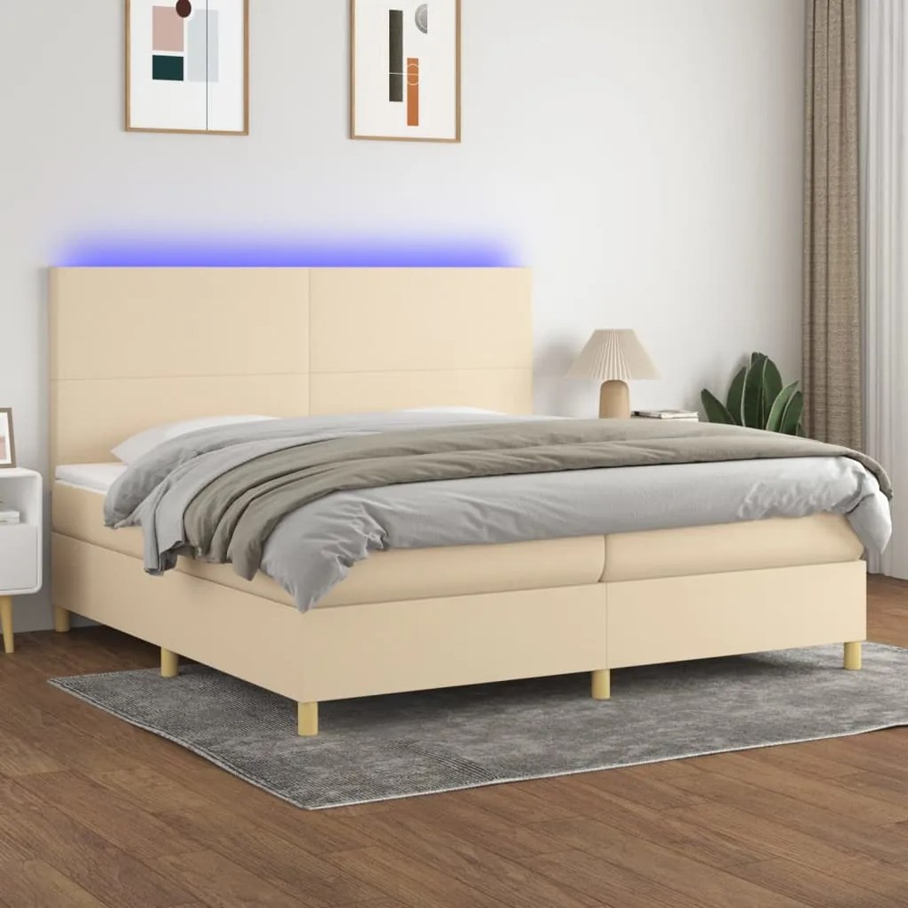 Box spring postel s matrací a LED krémová 200x200 cm textil 3135306