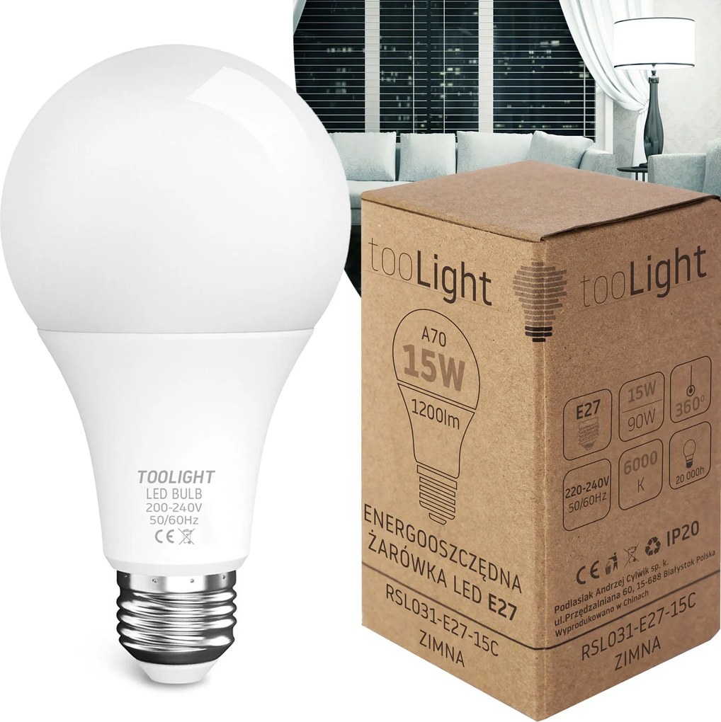 Toolight Toolight, LED žárovka E27, 15W, 1200lm, 6000K studená bílá, RSL031, OSW-20016