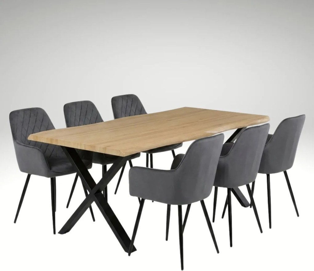 Vikio Jídelní set pro 6 osob 180x90 cm soft dub noha X šedá židle s područkami VJS228-6S