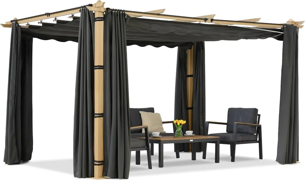 Barbadoská terasová pergola 3x4 m s dřevo-antracitovými závěsy Garden Point
