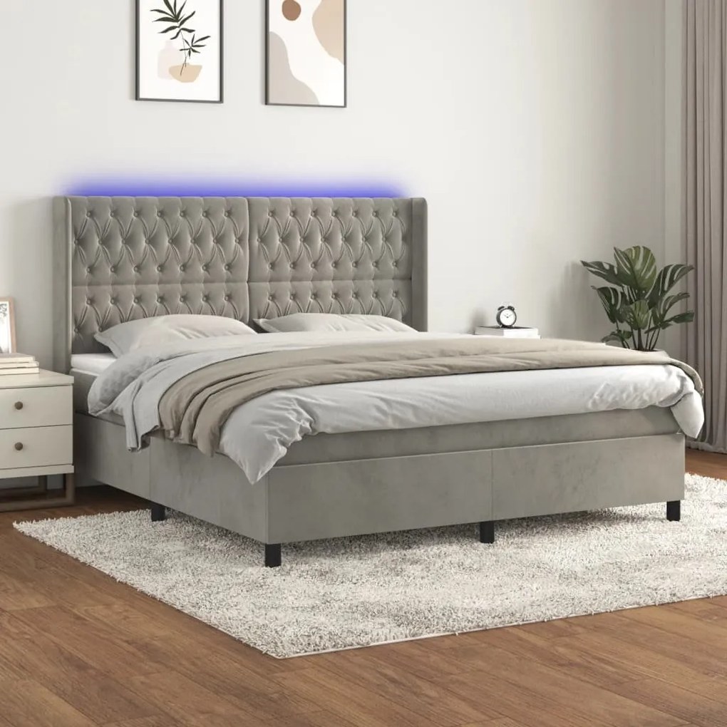 Box spring postel s matrací a LED světle šedá 160x200 cm samet 3139751