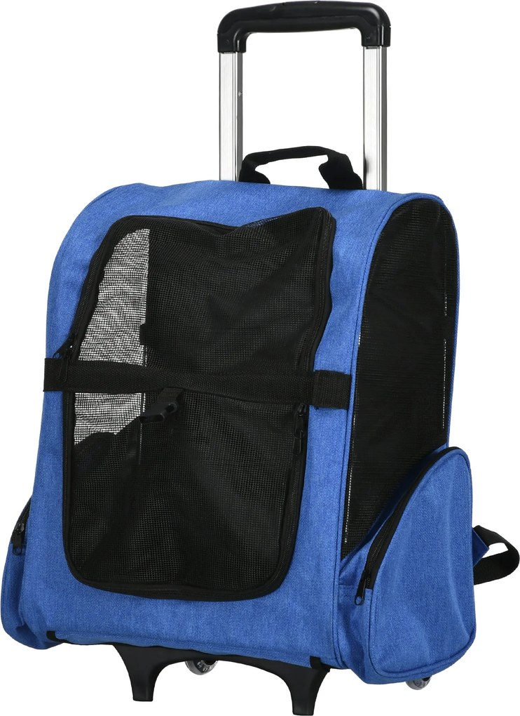 PawHut přepravka pro domácí zvířata 2 v 1 - Kola a batoh s teleskopickou hliníkovou rukojetí a úložnými kapsami 42x25x55 cm Modrá