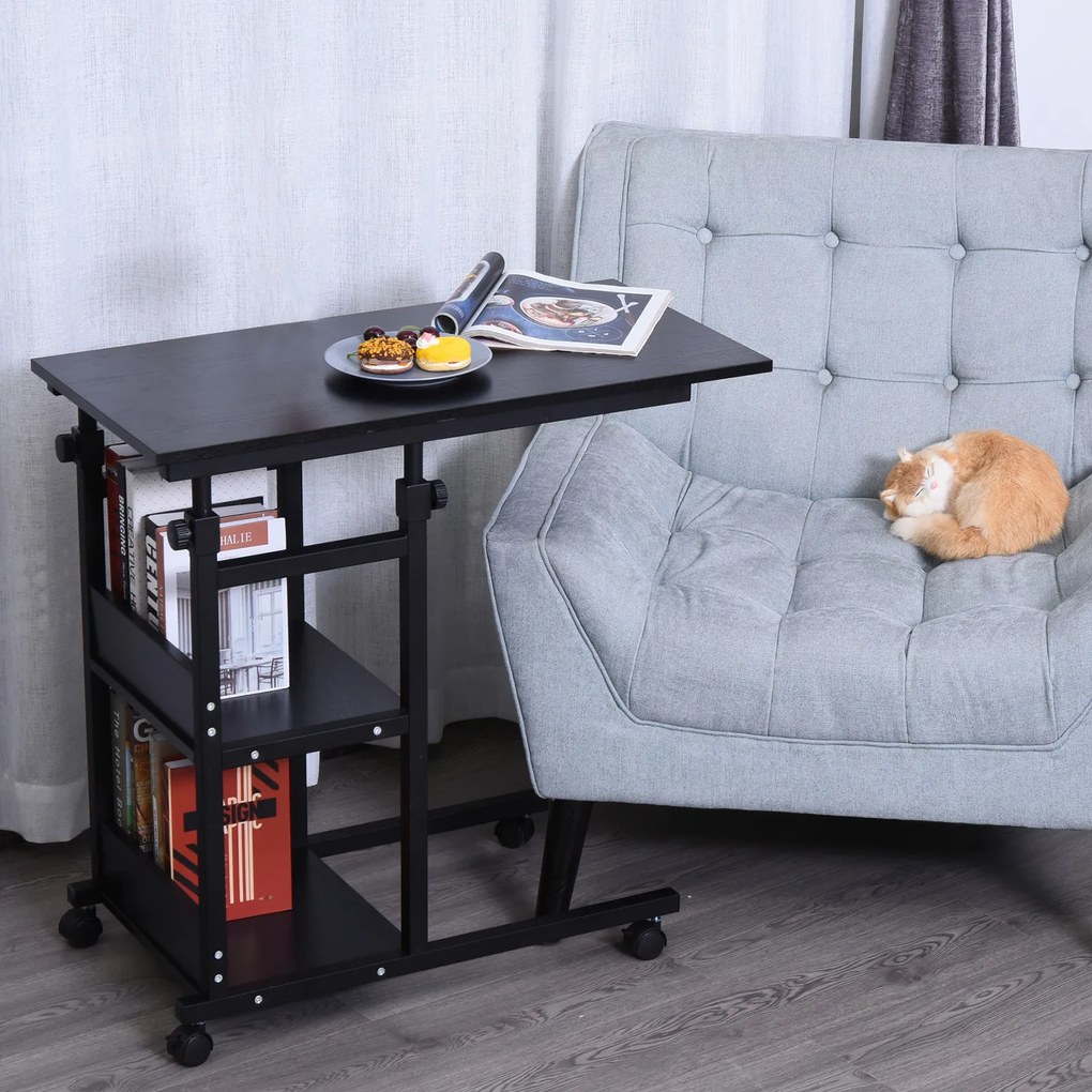 HOMCOM Stolek se Společkami 80x40 cm C-Formovaný Pohovkový Stolek s Nastavitelnou Výškou 3 Úrovně 72-82 cm Kovový Rám pro Obývací Pokoj a Kuchyni Čer…