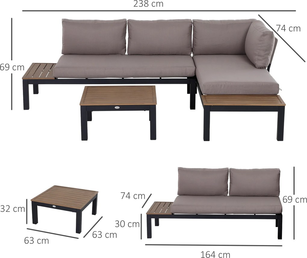 Outsunny 3dílná sada zahradního nábytku s pohovkou a polštáři, boční stolek, hliník, 164x74x69 cm, ideální pro venkovní prostory | Aosom.de