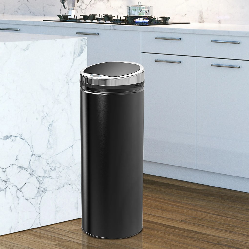 HOMCOM Senzorový odpadkový koš 50 l, automatický odpadkový koš, nerezový kuchyňský koš, infračervený senzor, černý, nerez