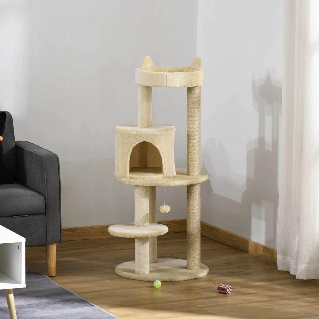 PawHut 104 cm Kočičí Škrabadlo s Platformami a Visící Kuličkou 48x48x104 cm Krémové