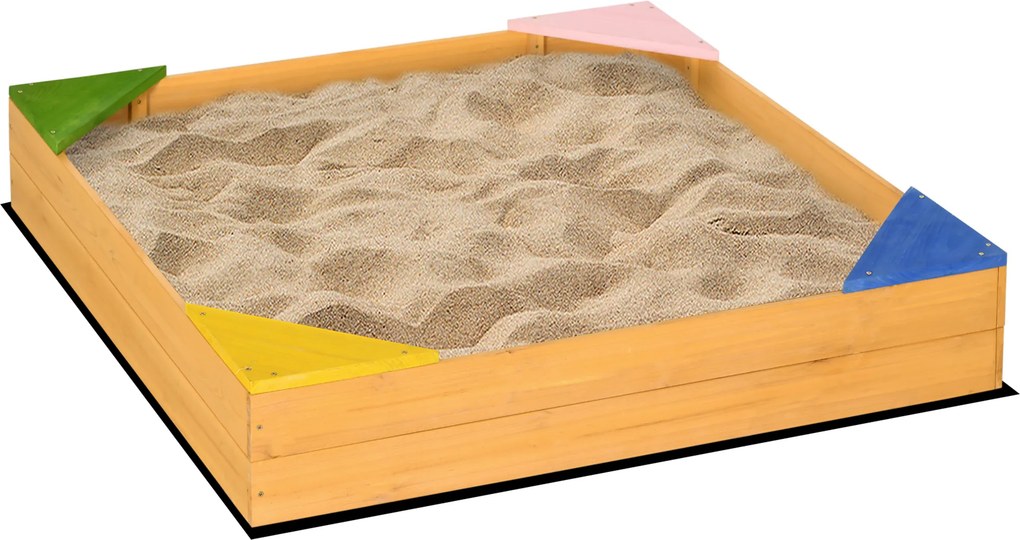 Dětský dřevěný pískoviště Outsunny čtvercové pro děti od 3 do 8 let s neprodyšnou látkou a 4 sedadly pro zahradu, terasu, 109x109x19,8 cm přírodní
