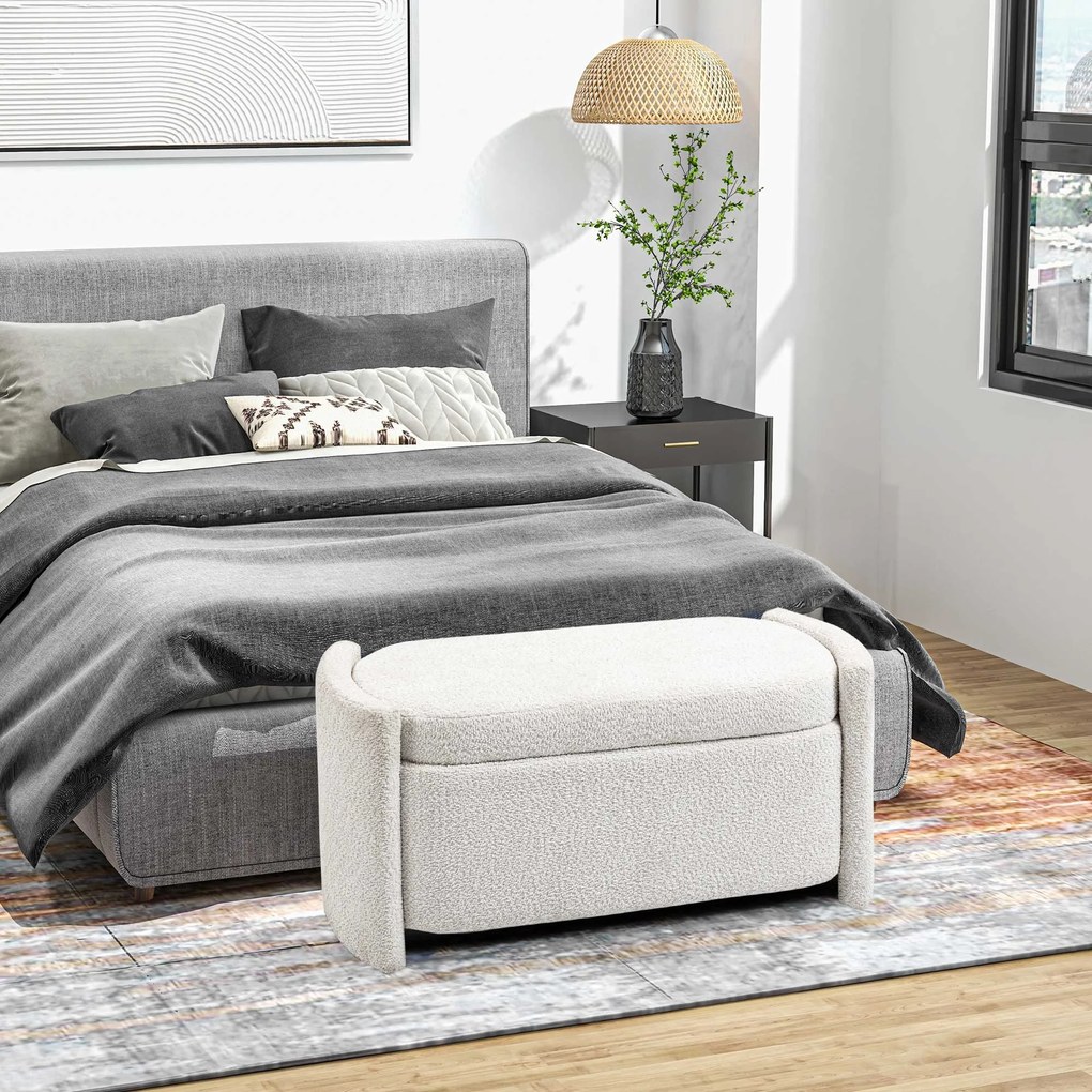 HOMCOM Sedací lavice, postelová lavice s úložným prostorem, čalouněná lavice s víkem, sametový vzhled, úložná lavice, krémová, 105 x 44 x 45,5 cm | A…