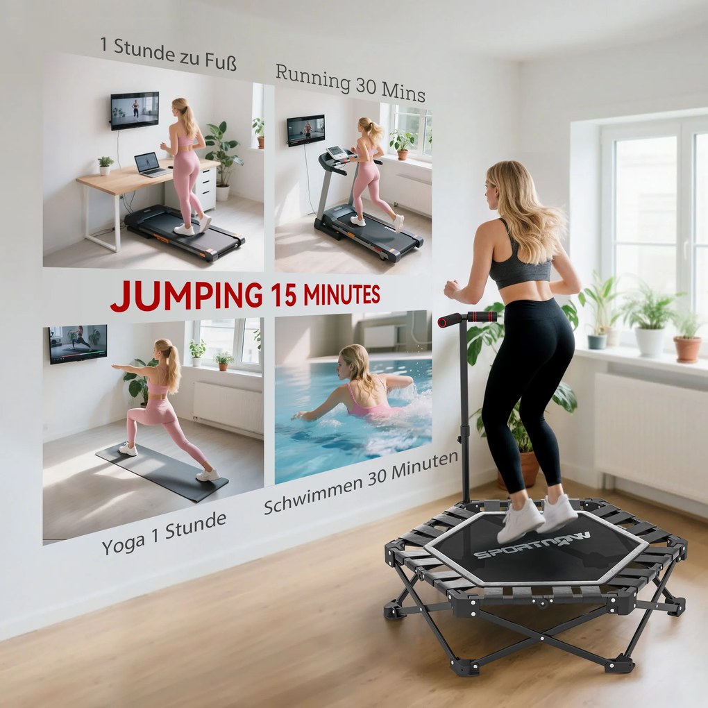 Fitness trampolína s nastavitelnou T-rukojetí, skládací, taška na přenášení, nosnost 120 kg, ocel, plast, černá barva
