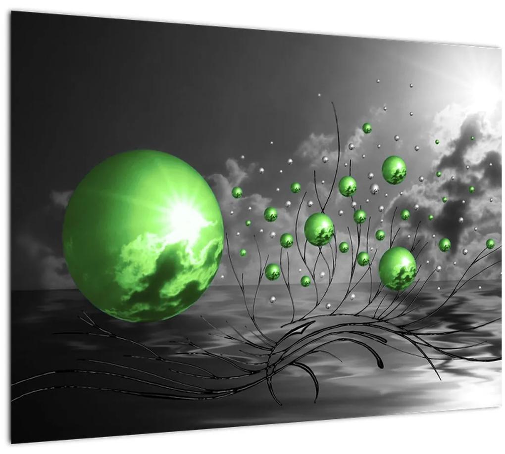 Skleněný obraz zelených abstraktních koulí (70x50 cm)