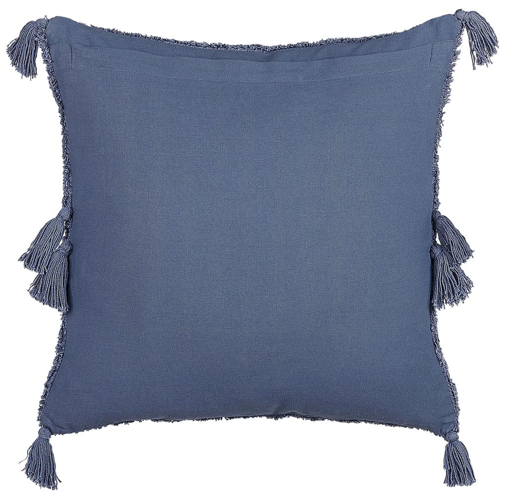 Tkaný bavlněný polštář s geometrickým vzorem a střapci 45 x 45 cm modrý AVIUM Beliani