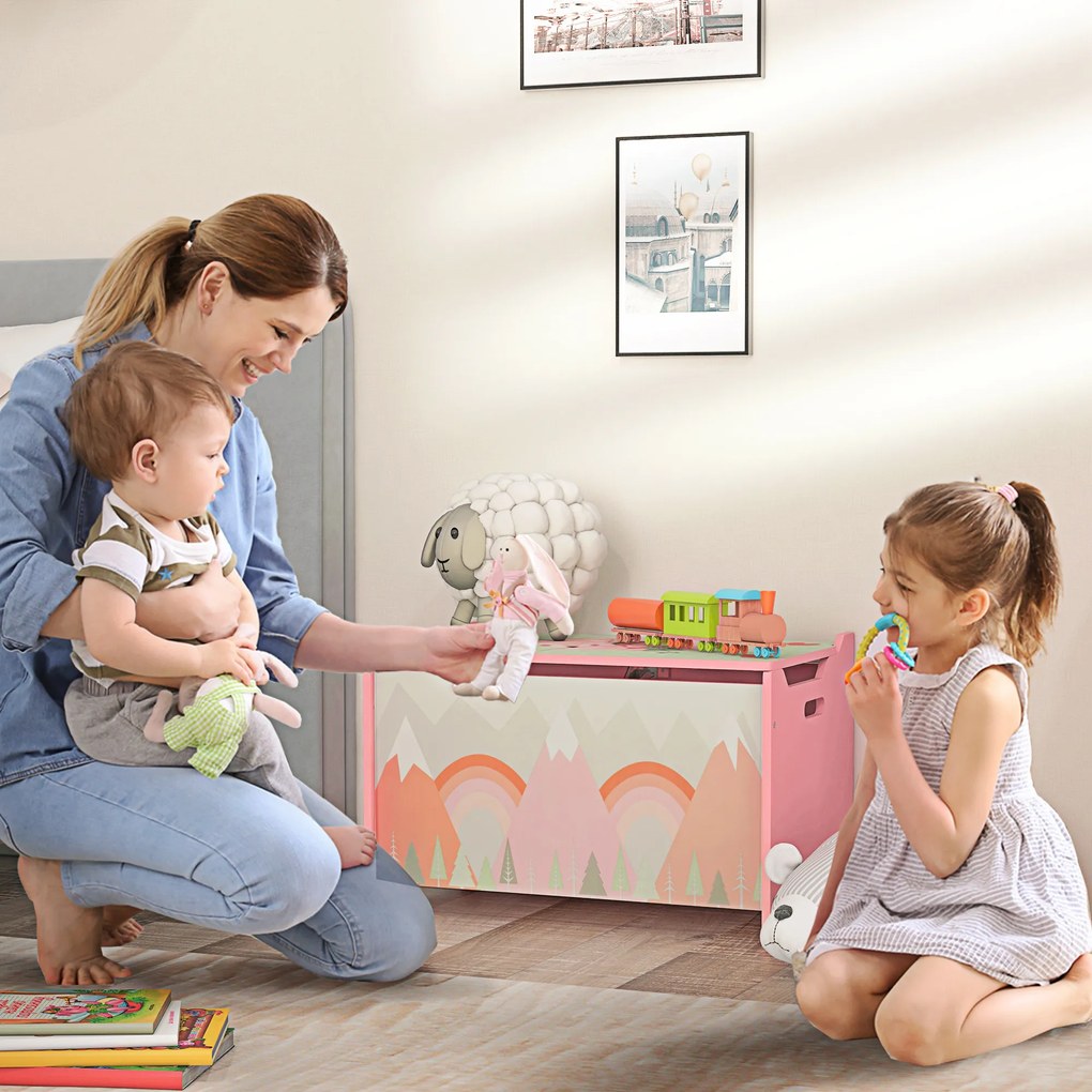 ZONEKIZ Úložný box s úložným prostorem, box na hračky s bezpečnostním závěsem víka, design roztomilých zvířátek, 60 x 37 x 39 cm, růžová barva