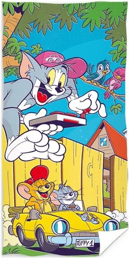 Plážová osuška Tom a Jerry ve žlutém kabrioletu - 100% bavlna, froté s gramáží 300 gr./m² - 70 x 140 cm