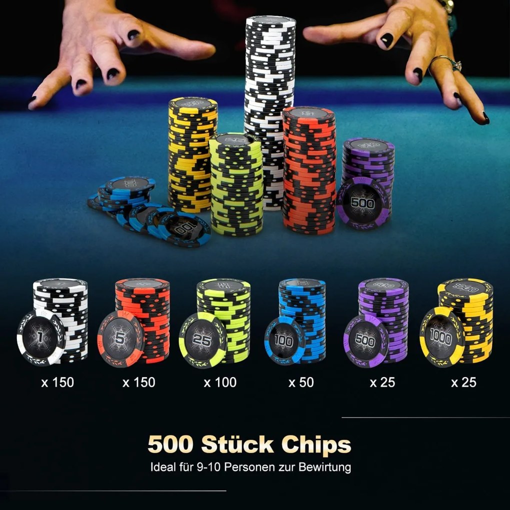 Costway Pokerová sada s 500 laserovými žetony a 2 hracími kartami a 5 kostkami