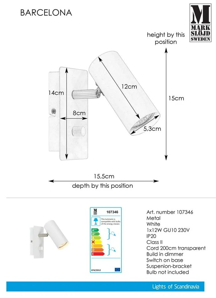 Bílé nástěnné svítidlo Markslöjd Barcelona