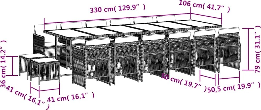 17dílný zahradní jídelní set s poduškami šedý polyratan 3211004