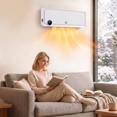 HOMCOM Topný ventilátor na stěnu 2000W s dálkovým ovládáním, 3 režimy provozu, LED displej, 12hodinový časovač 820-252V90WT