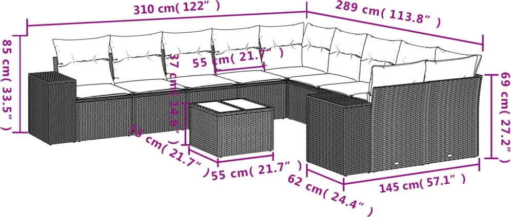 11dílný zahradní sedací souprava s poduškami béžový polyratan 3255456