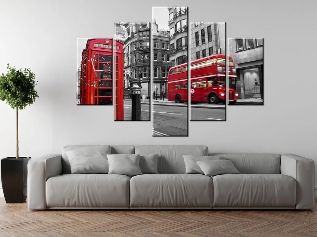 Gario Obraz s hodinami Telefonní budka v Londýně UK - 5 dílný Rozměry: 150 x 105 cm