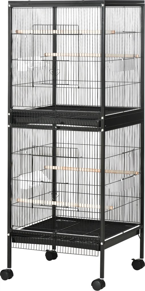 Ptačí klec PawHut na kolečkách Velká dvoupatrová voliéra s vyjímatelnými zásobníky, krmítky a bidly pro kanáry aandnbsp;and budgie 51.5x50x140 cm Čer…