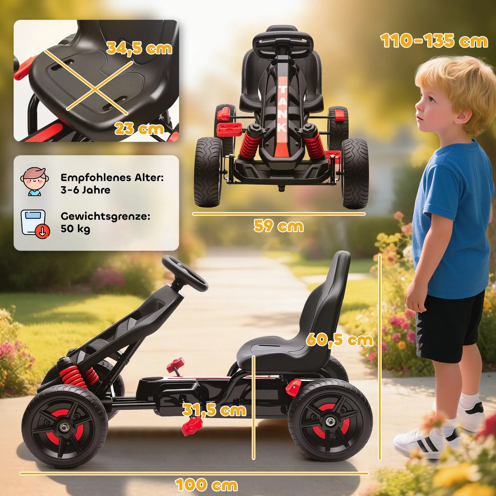 AIYAPLAY Gokart s pedály, šlapací auto pro děti s brzdou, protiskluzová kola, kovový rám, 3-6 let, červená