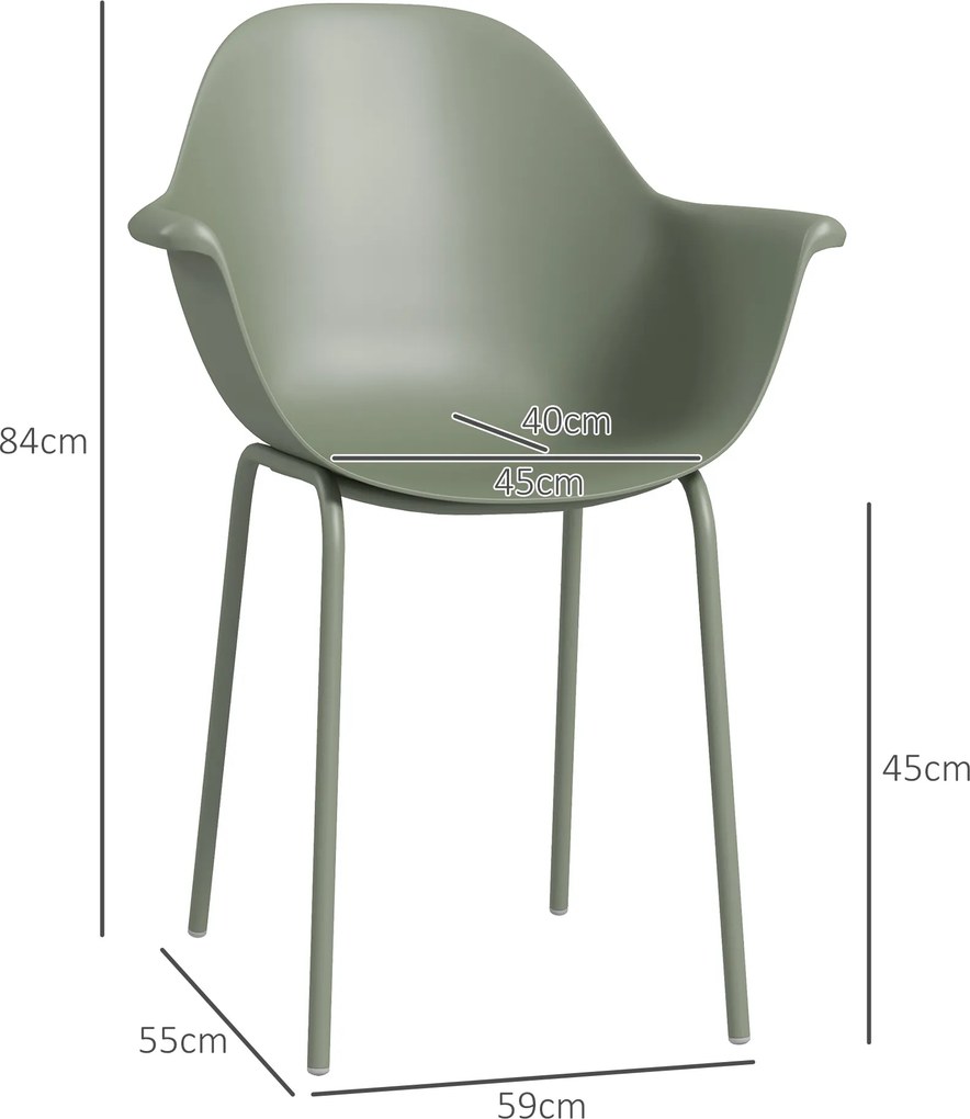 Sada 4 zahradních židlí s opěradlem/područkami, odolná proti povětrnostním vlivům, do 120 kg, plast/kov, zelená barva