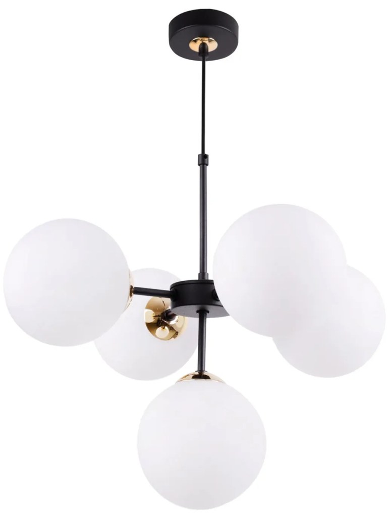 Light for home - Černozlatá Regulovatelná Stropní Lampa se 5 Bílými Foukanými Stínidly"IMPERIA", 5x40W, E14, Černá