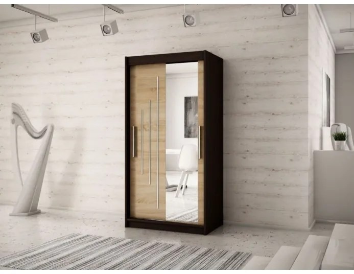Moderní skříň se zrcadly a psuvnými dveřmi Milada 120 v barvě wenge-dub sonoma