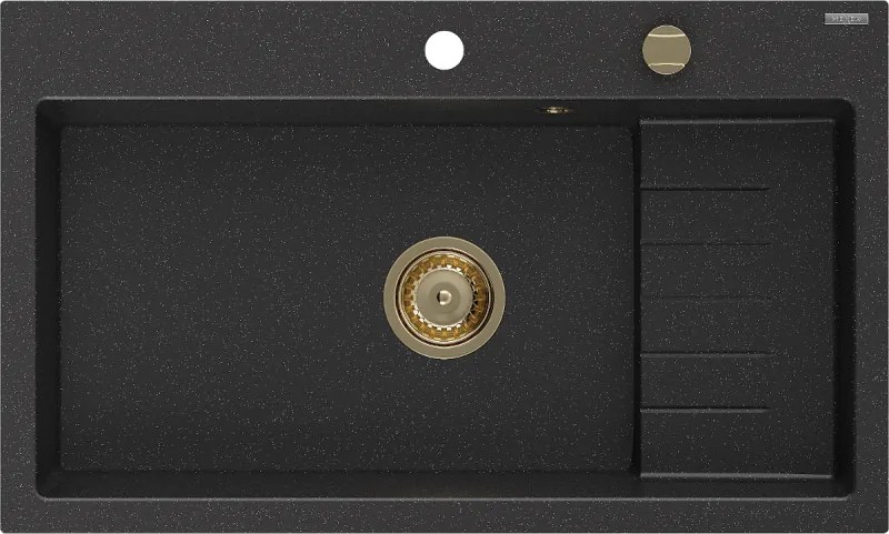 Mexen Omar, 1-komorový granitový dřez 800x480x210 mm, černá-stříbrná metalíza, zlatý sifon, 6520801005-73-G