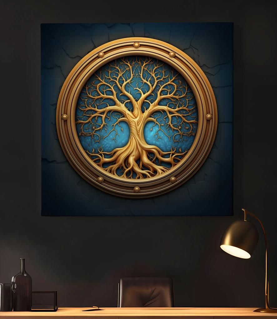 Obraz na plátně - Zlatý strom života se zářící modrou aurou FeelHappy.cz Velikost obrazu: 120 x 120 cm