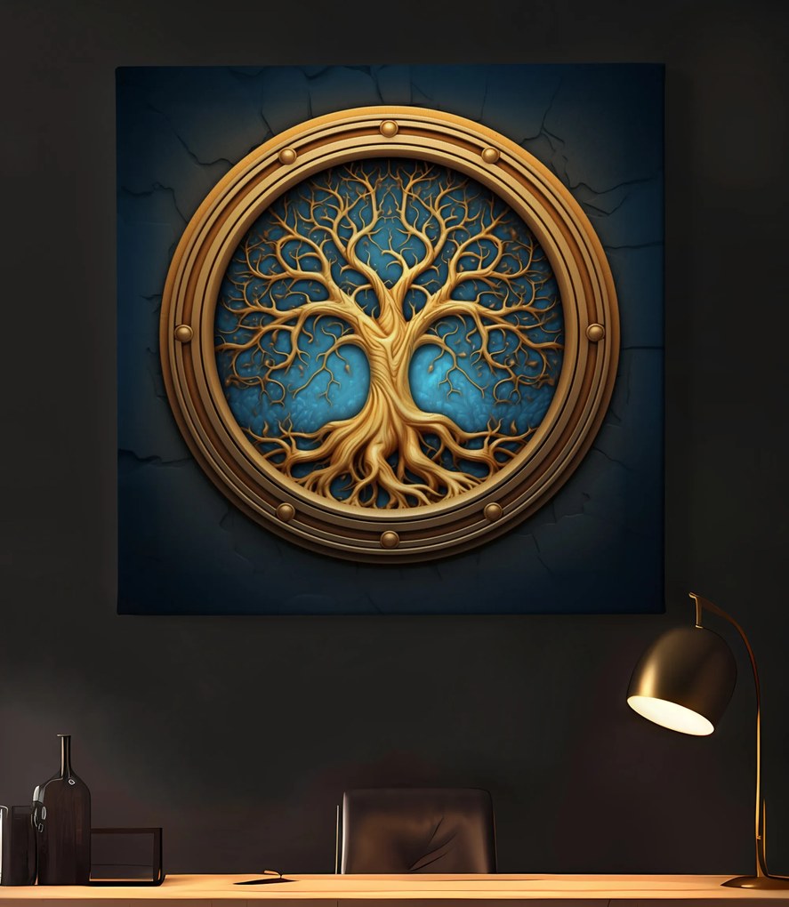 Obraz na plátně - Zlatý strom života se zářící modrou aurou FeelHappy.cz Velikost obrazu: 140 x 140 cm