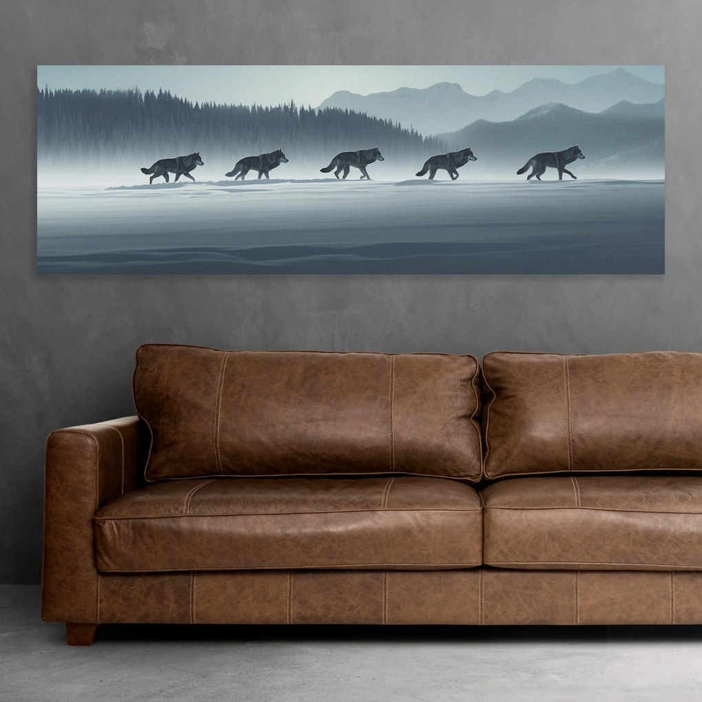 Obraz na plátně - Na Stopě, smečka vlků v zasněžené krajině FeelHappy.cz Velikost obrazu: 150 x 50 cm
