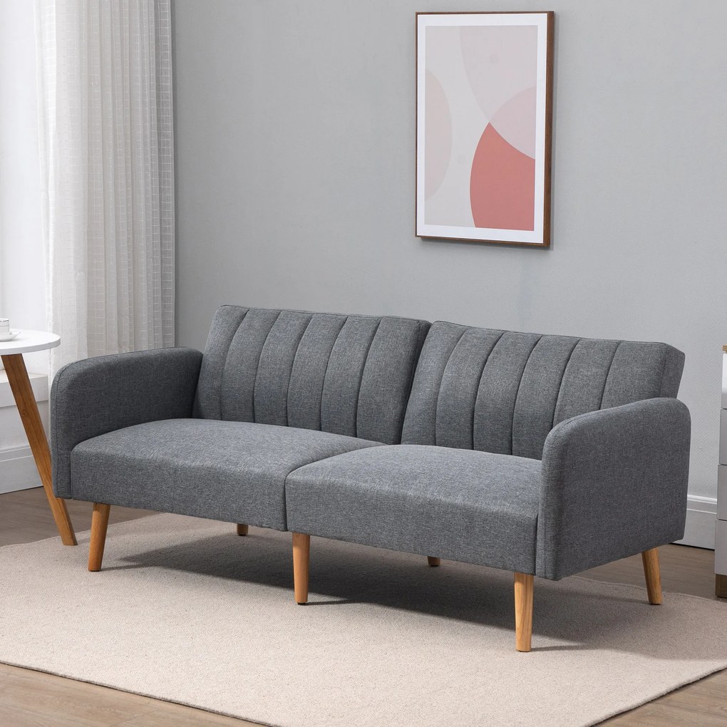 HOMCOM Rozkládací pohovka 2místná, rozkládací pohovka s funkcí spaní, polyester podobný lnu, kaučukové dřevo, šedá, 173x75x73cm