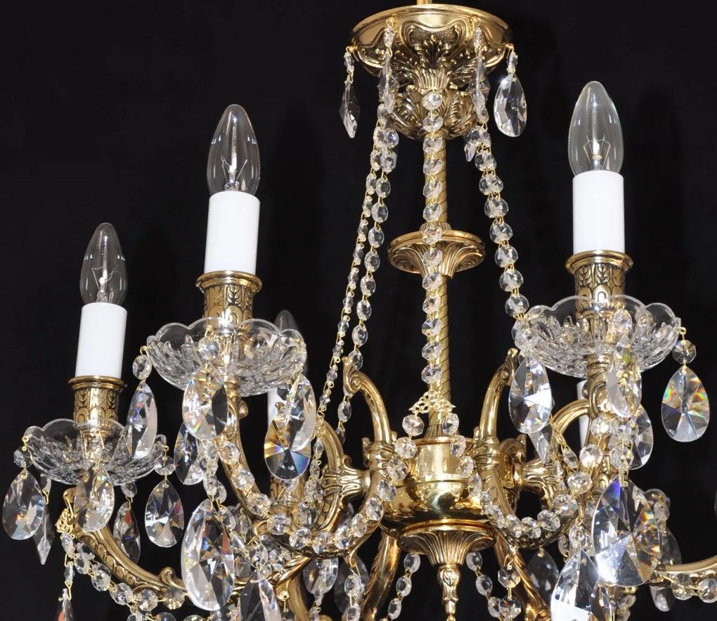 6 Arms Crystal cast brass chandelier - Gold brass &amp; Hand blown bobeches